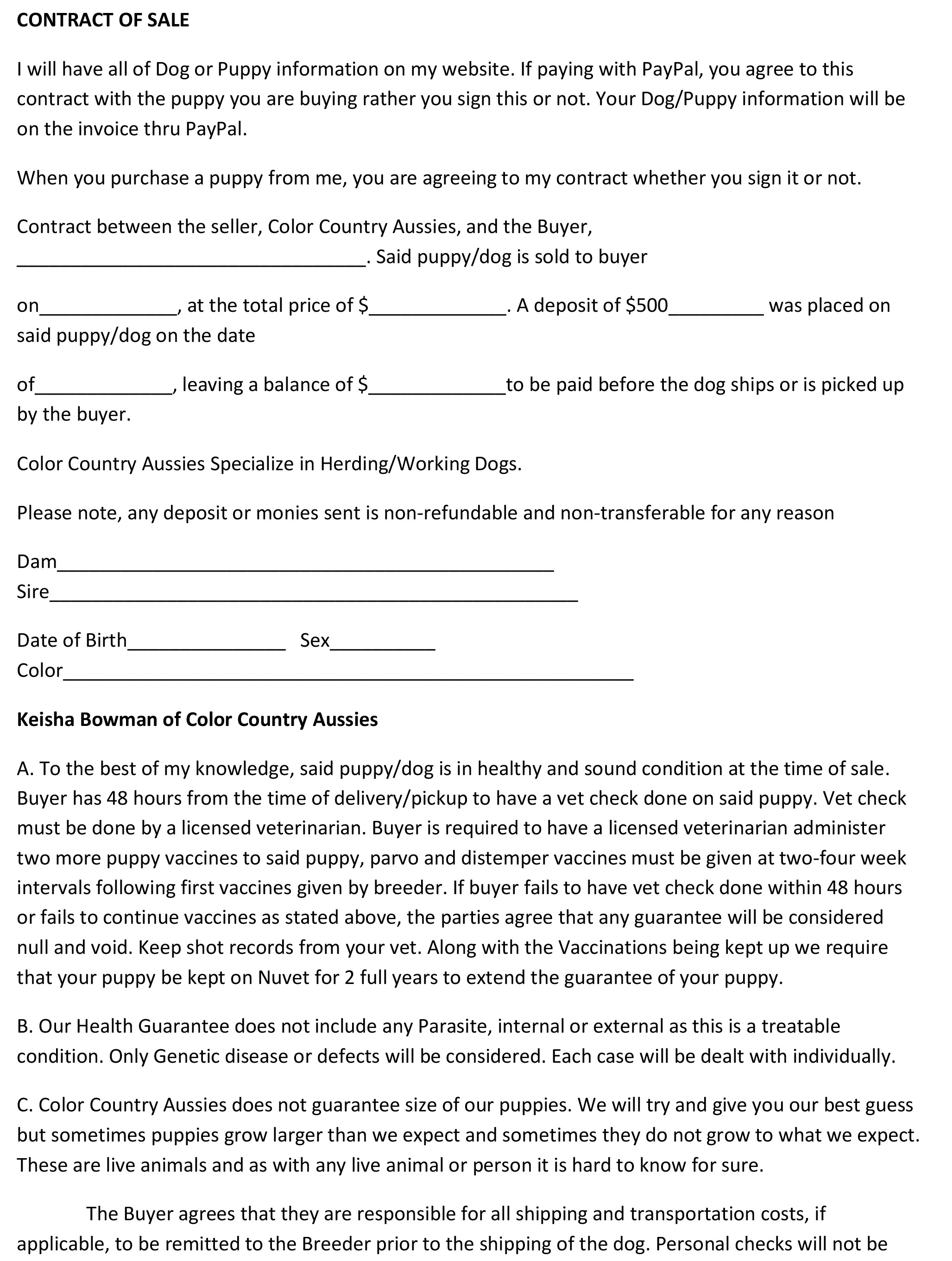 Free Printable Dog Breeding Contract